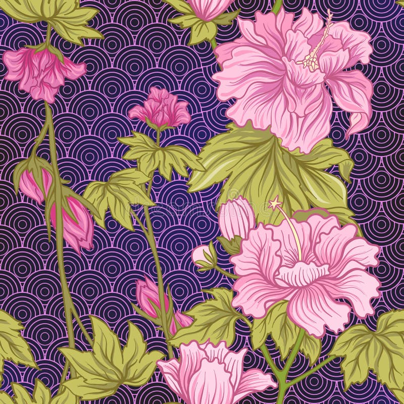 Seamless Pattern with Pink Peony in Japanese Style. Vector Stock Stock ...