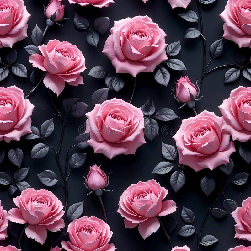 Seamless Pink Rose Pattern with Realistic Layers on Dark Background ...
