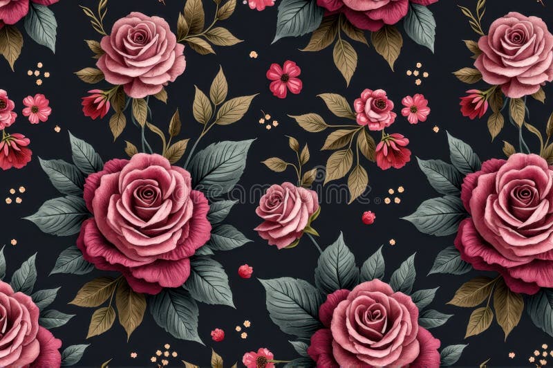 Seamless Pattern of Pink Roses and Green Leaves on Dark Background ...