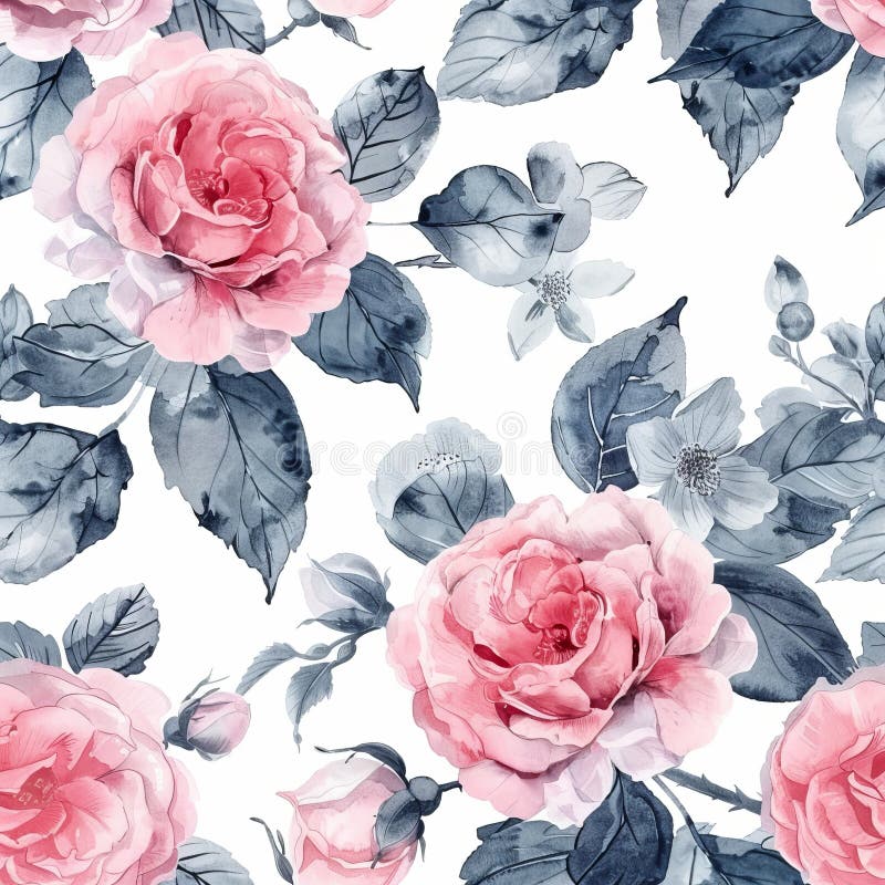 A Seamless Pattern of Pink Roses, Hand Drawn in Watercolor Stock Image ...