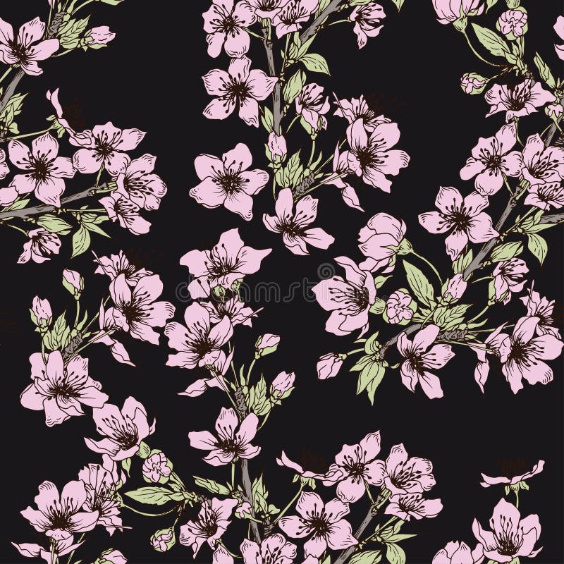 Seamless Pattern with Pink Sakura Flowers on Black Background. Stock ...