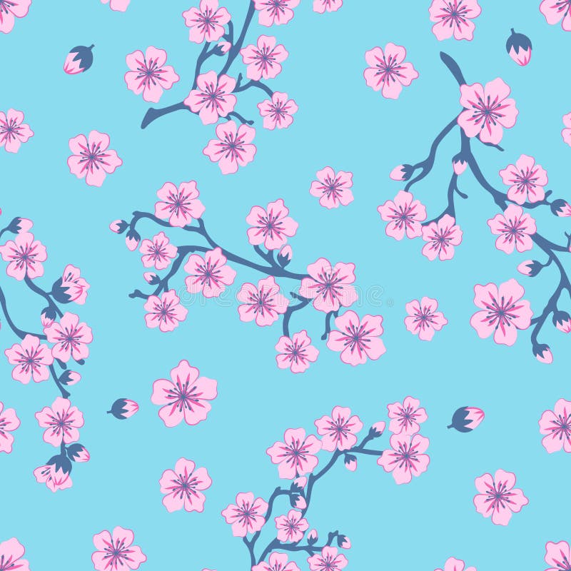 Seamless Pattern of Pink Sakura Flowers on a Blue Background. Stock ...