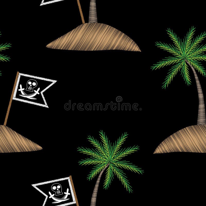 Seamless Pattern with Pirate Flag with Palm Tree Embroidery Stitches ...