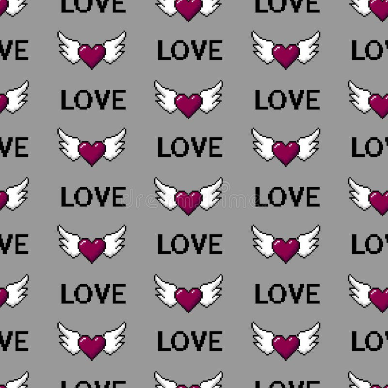 Seamless Pattern with Pixelated Hearts and Wings. Wrapping Paper for ...