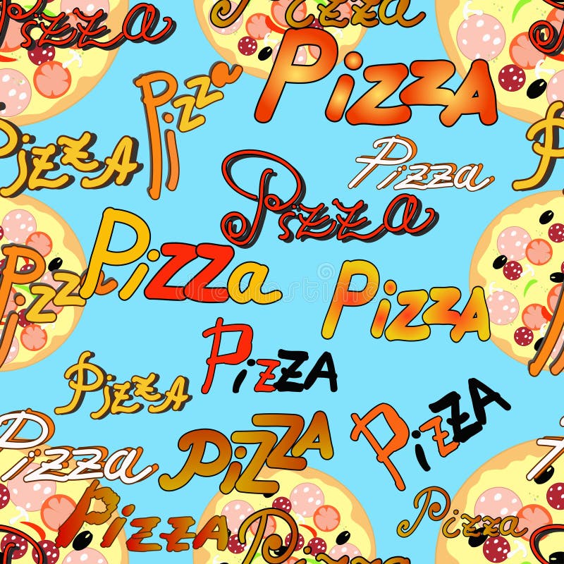 Seamless Pattern With Pizza And The Name Of The Pizza On A Blue Stock ...