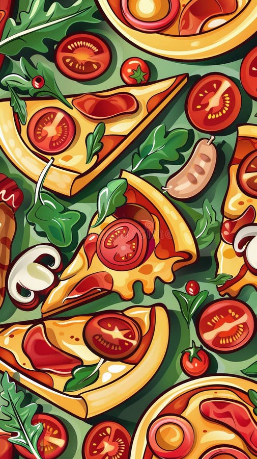 Seamless Pattern of Pizza Slices with Various Toppings and Vegetables ...