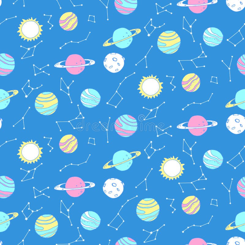 Seamless Pattern with Planets and Constellations in Night Sky. Stock ...