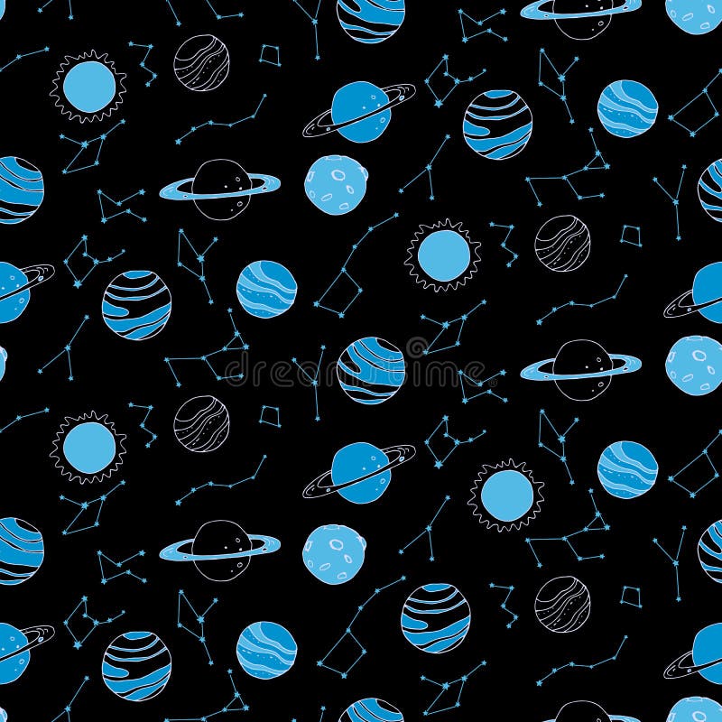 Seamless Pattern with Planets and Constellations in Night Sky Stock ...
