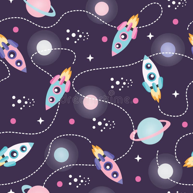 Seamless Pattern with Planets, Rocket and Stars. Galaxy Background ...