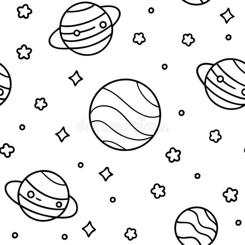 Seamless Pattern of Planets and Stars in a Simple Line Art Style Stock ...
