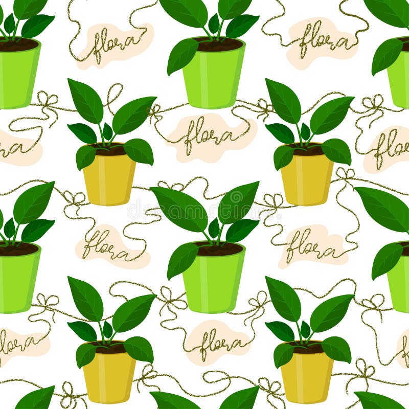 Seamless Pattern with Plants in Flower Pots and Hand-written Word Flora ...