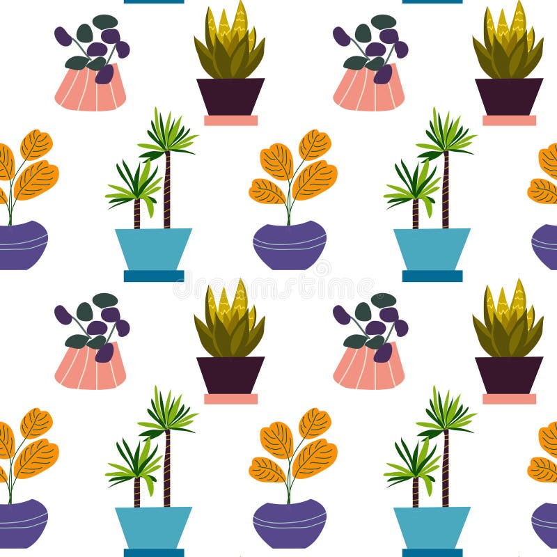 Seamless Pattern with Plants and Pots. Design for Print, Poster, Banner ...