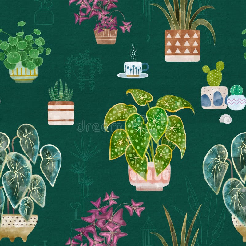 Seamless Pattern with Plants in Pots. High Quality Painted in ProCreate ...