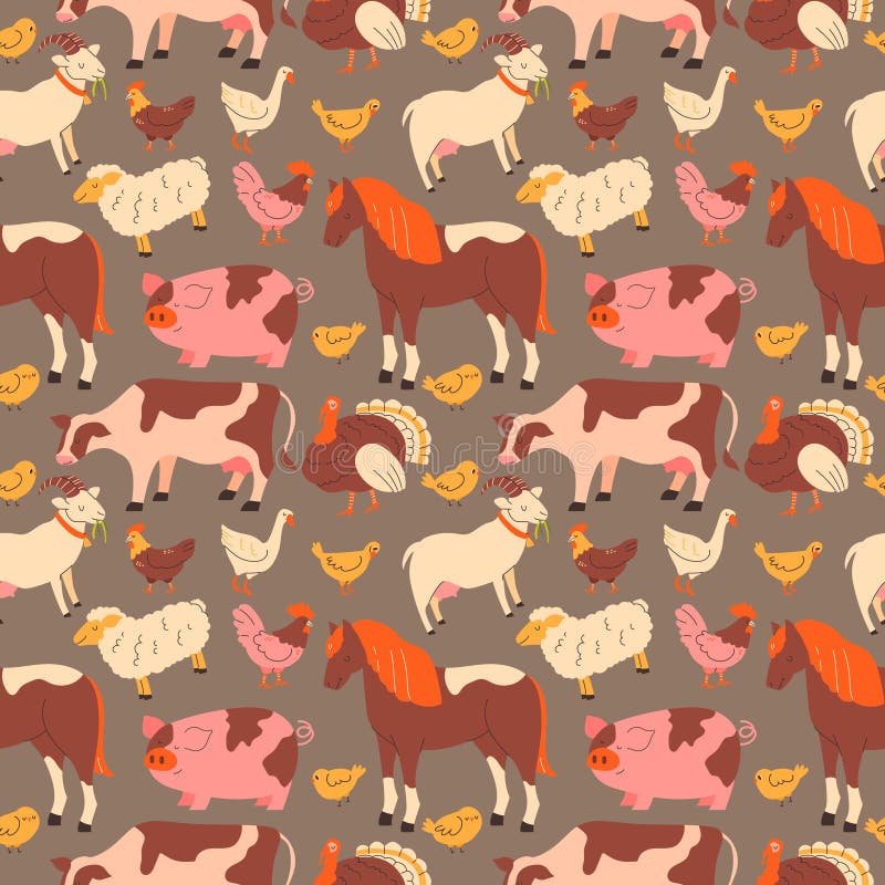 Seamless Pattern with Playful Farm Animals Stock Vector - Illustration ...