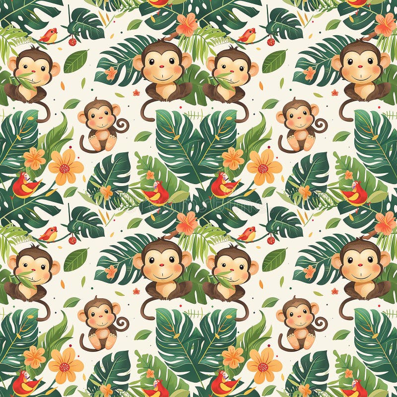 A Seamless Pattern with Playful Monkeys, Exotic Birds, and Tropical ...