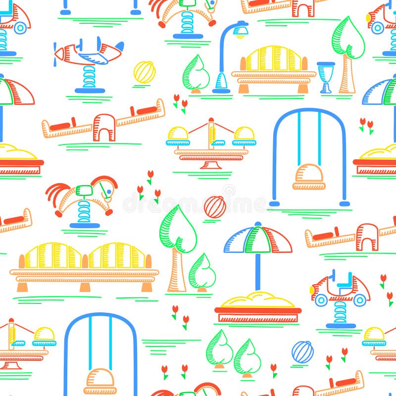 Outdoor Seamless Pattern with Kids Playground Equipment and Bench Stock ...