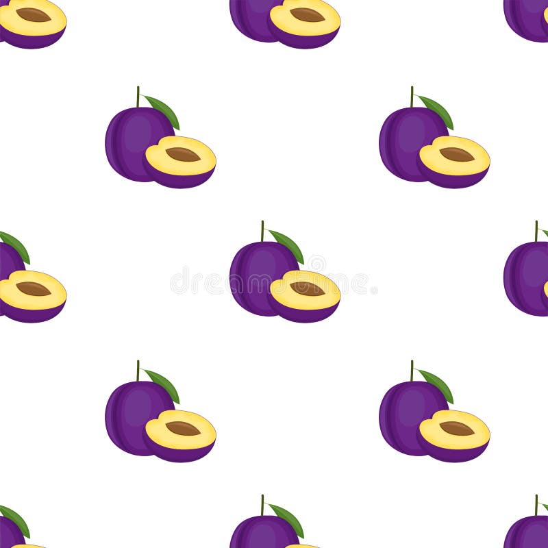 Seamless Pattern with Plum, Whole Fruit and Cut Half. Vector ...
