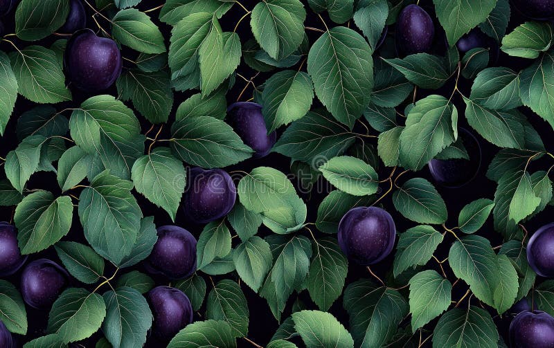 Seamless Pattern with Plums and Leaves on Black Background Stock ...