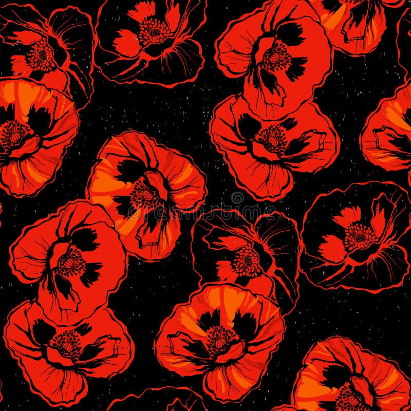 Seamless Pattern with Poppies on Black Background. Hand-drawn Floral ...