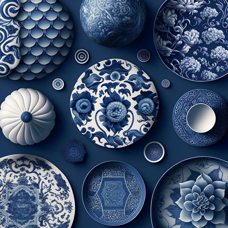 Seamless Pattern with Porcelain Plates and Plates on Blue Background ...