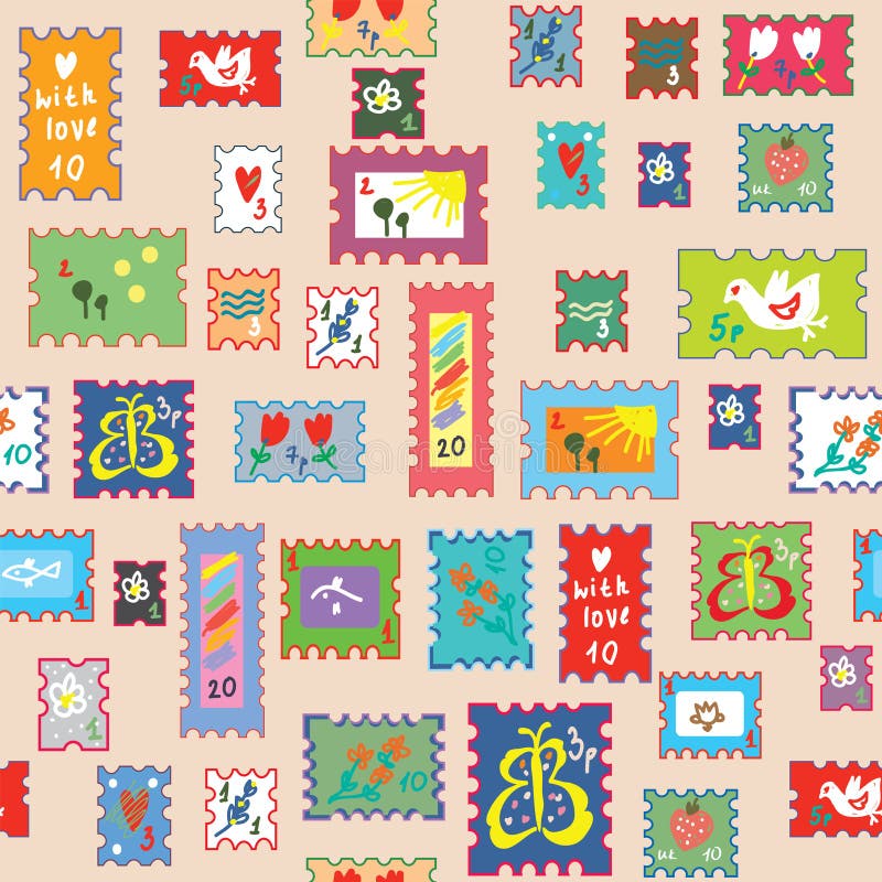 Seamless Pattern with Post Stamps - Funny Childish Design Stock Vector ...
