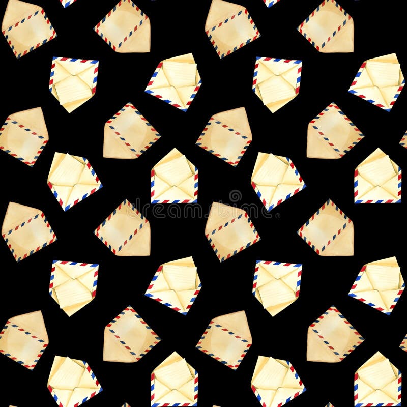 Seamless Pattern. Postal Envelopes with Red and Blue Stripes on a Black ...
