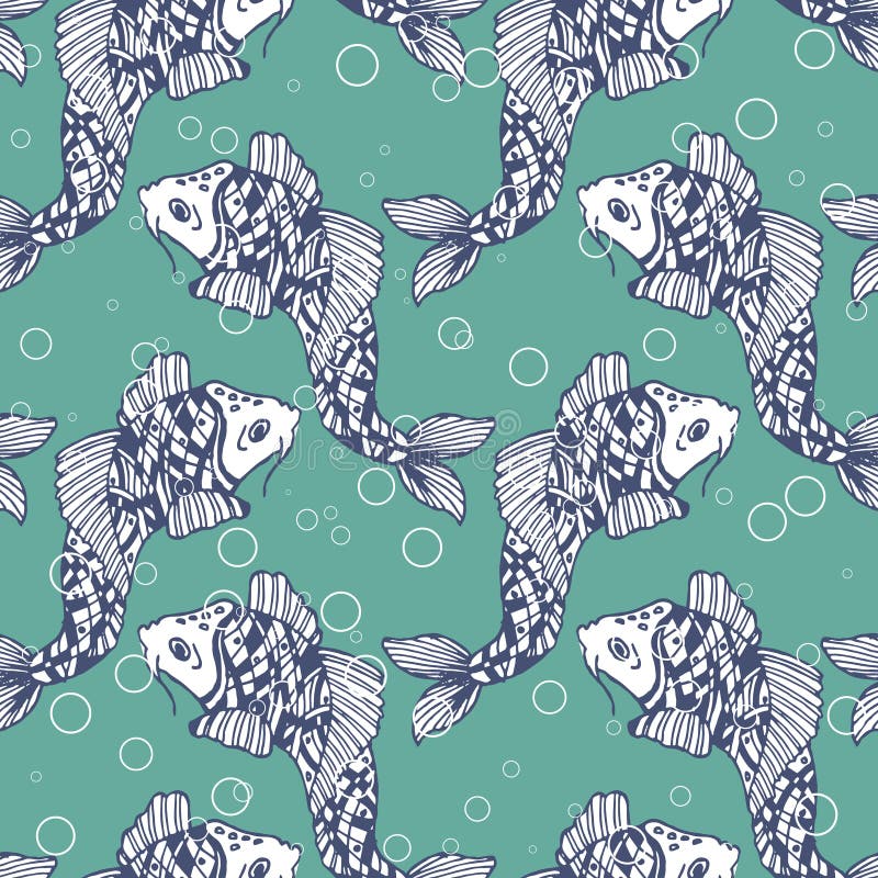 Seamless Pattern, Print, Drawn Stylized Catfish Fish in Water with ...