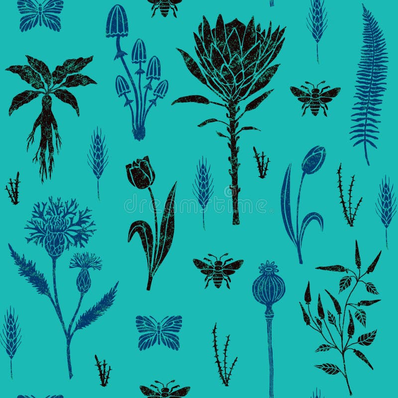 Seamless Pattern with Protea Flowers and Insects on a Blue Background ...