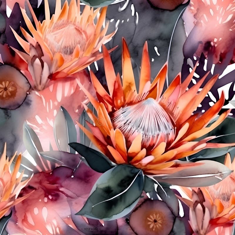 Seamless Pattern with Protea Flowers. Watercolor Illustration Stock ...
