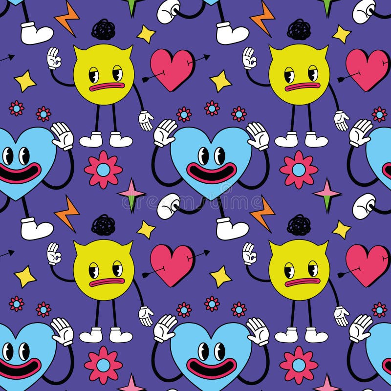 Seamless Pattern with Psychedelic Characters. Trendy Vector Print ...