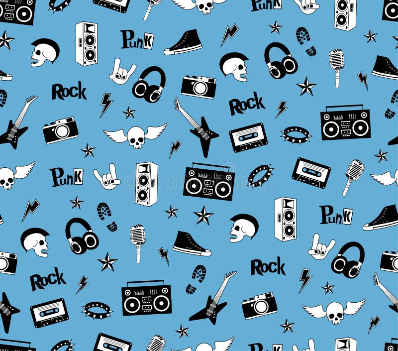 Seamless Pattern. Punk Rock Music on Blue Background. Doodle Style ...