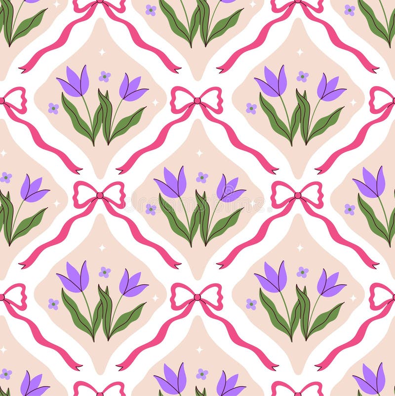 Seamless Pattern with Purple Flowers and Pink Bows. Vector Graphics ...