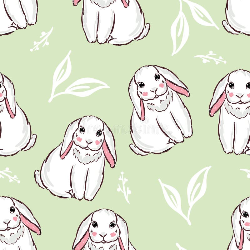 Seamless Pattern Rabbit. Hand Drawn Bunny, Print Design Rabbit on Green ...