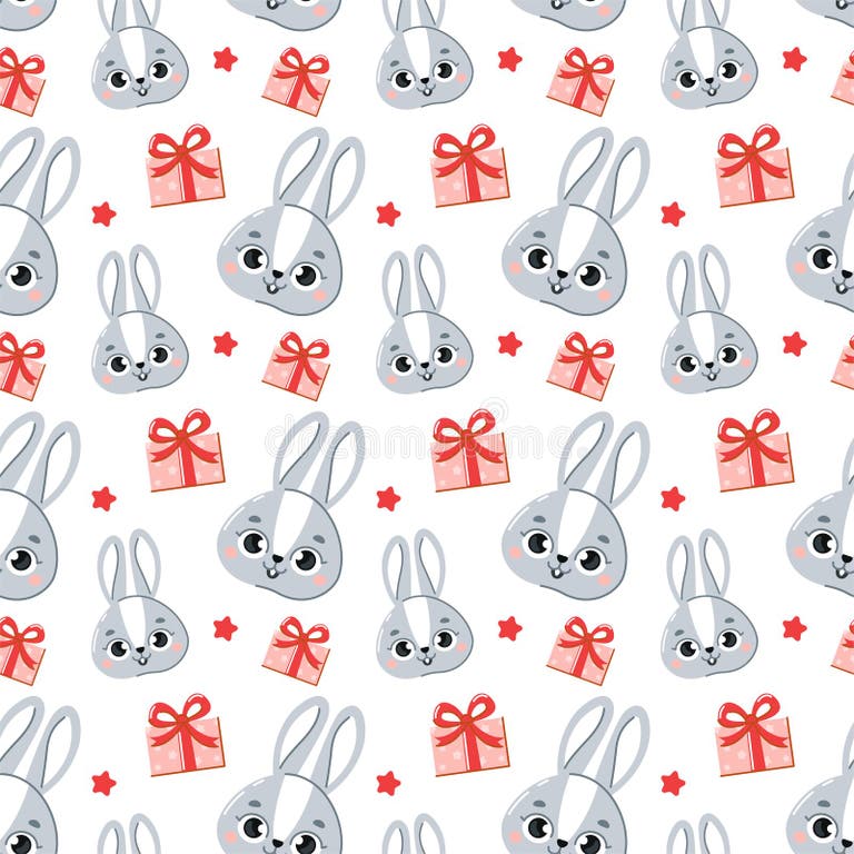 Seamless Pattern with Rabbit Head and Gift. Pattern on the Fabric Stock ...