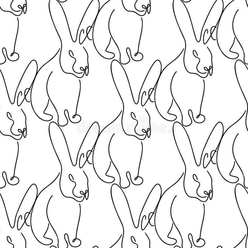 Seamless Pattern with Rabbits Illustration in Line Art Style on White ...