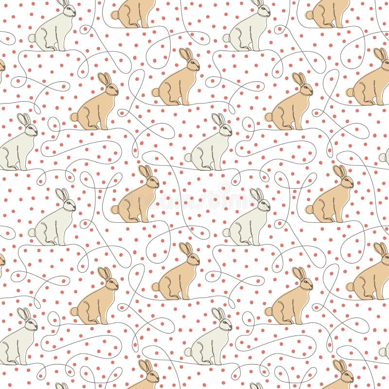 Seamless Pattern with Rabbits and Polka Dot. Continuous One Line ...