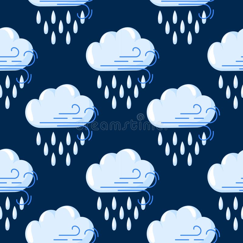 Seamless Pattern with Rain Cloud, Wind and Raindrops on Dark Background ...