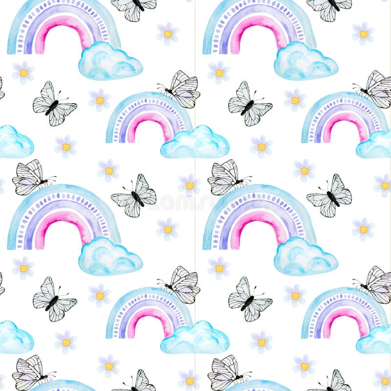 Seamless Pattern of Rainbow, Cloud and Butterflies Stock Image - Image ...