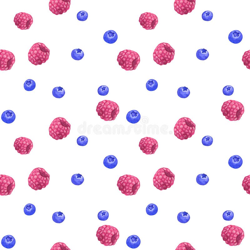Raspberry and Blueberry. Seamless Pattern on White Background. Hand ...