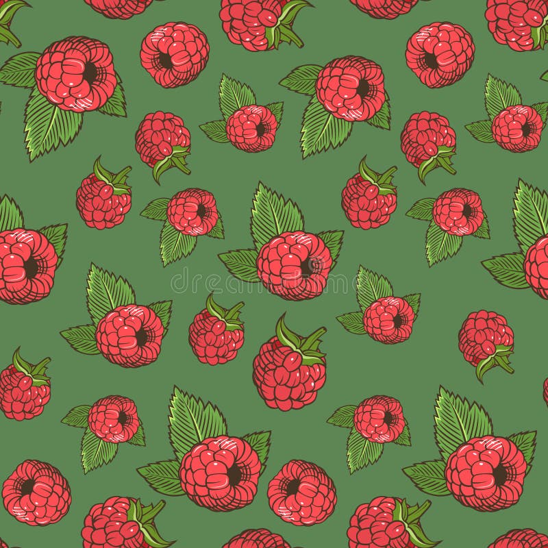 Seamless Pattern with Raspberries on a Green Background in Vintage ...