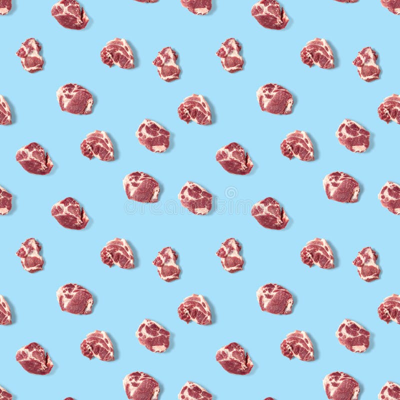 Seamless Pattern with Raw Pork Meat Slices on Blue Background, Food ...