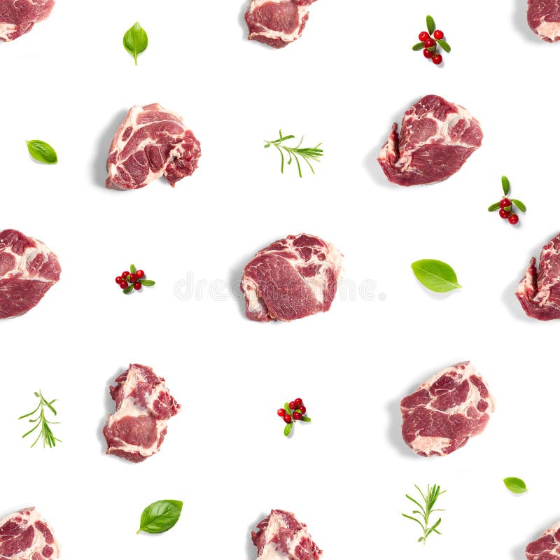 Seamless Pattern with Raw Pork Meat Slices on White Background, Food ...