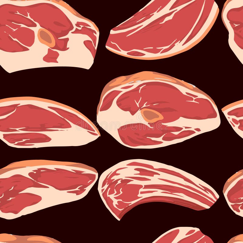 Seamless Pattern of Raw Sliced Meat Steak Fresh Meat for Bbq Vector Illustration on Dark ...