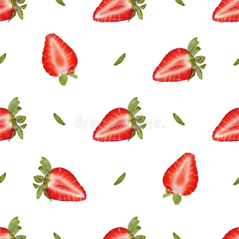Seamless Pattern with Real Strawberry Fruit Halves on White Background ...