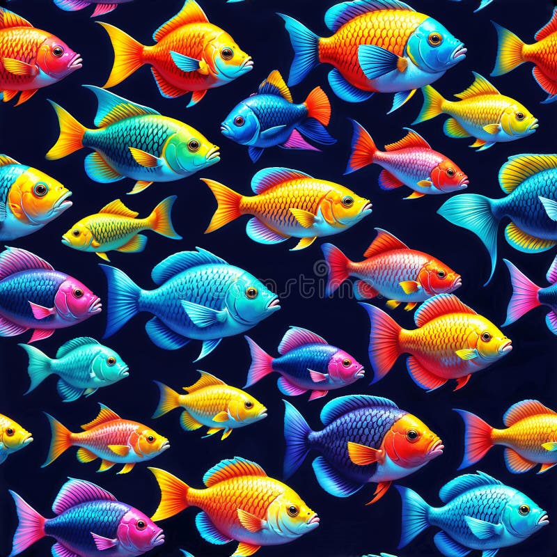 Seamless Pattern Realistic Bright Colored Neon Glowing Fish. Stock ...