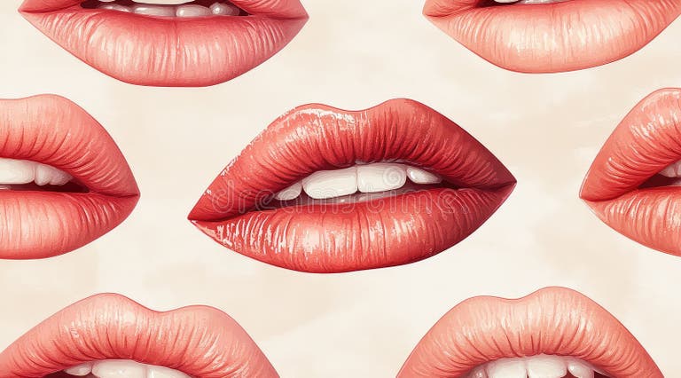 Seamless Pattern of Realistic Red Lips in Various Shades on White ...