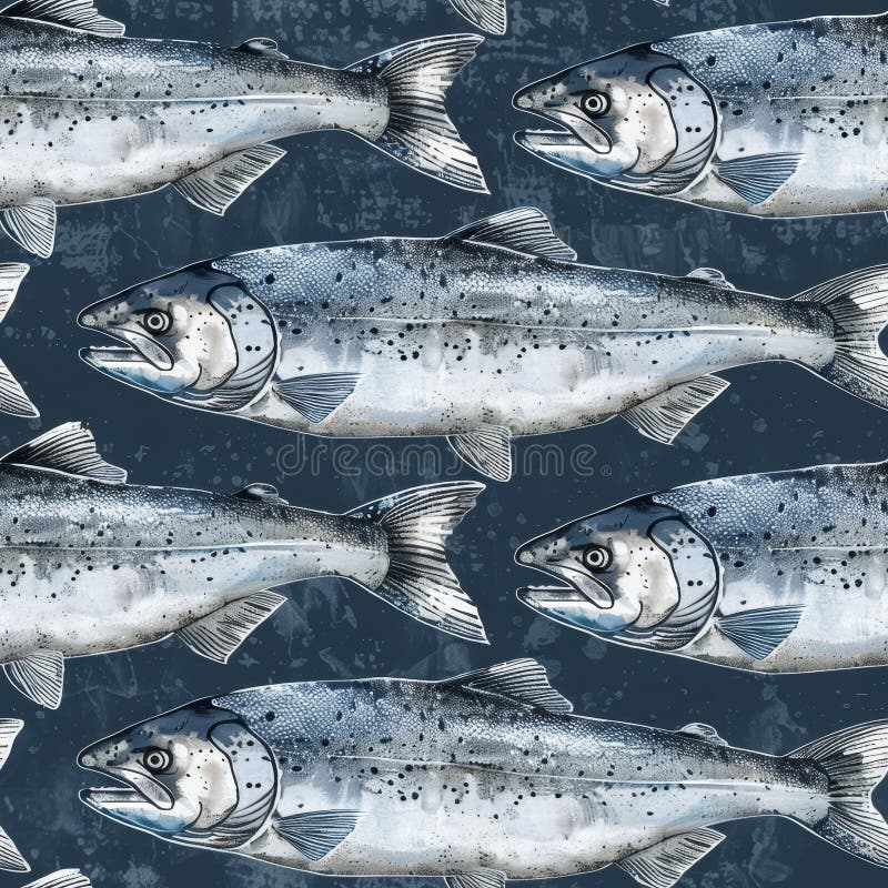 Seamless Pattern of Realistic Salmon Fish Swimming on a Cool, Textured ...