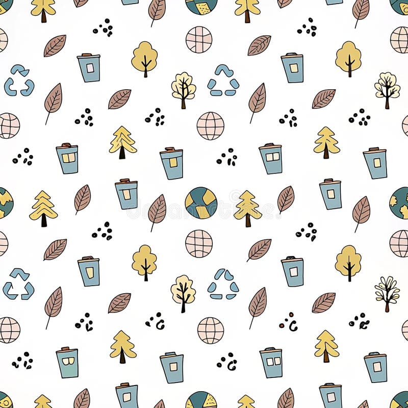 Seamless Pattern with Recycle, Trees, Leaves, and Trash Cans on White ...