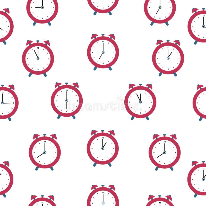 Seamless Pattern of Red Alarm Clocks Showing Different Times. Vector ...