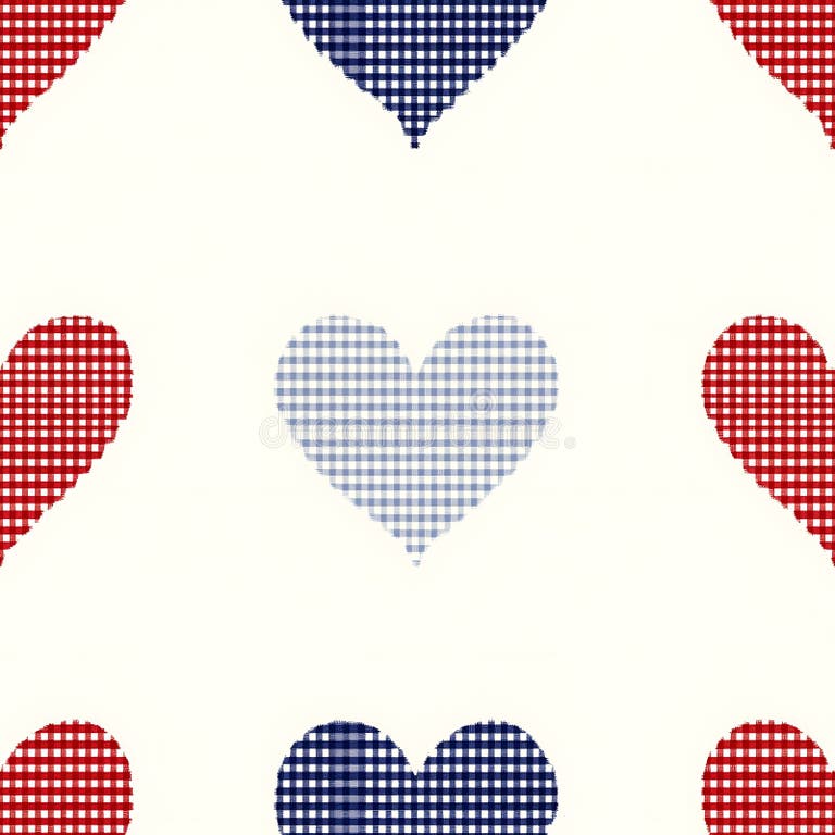 Seamless Pattern of Red and Blue Gingham Hearts on White Background ...